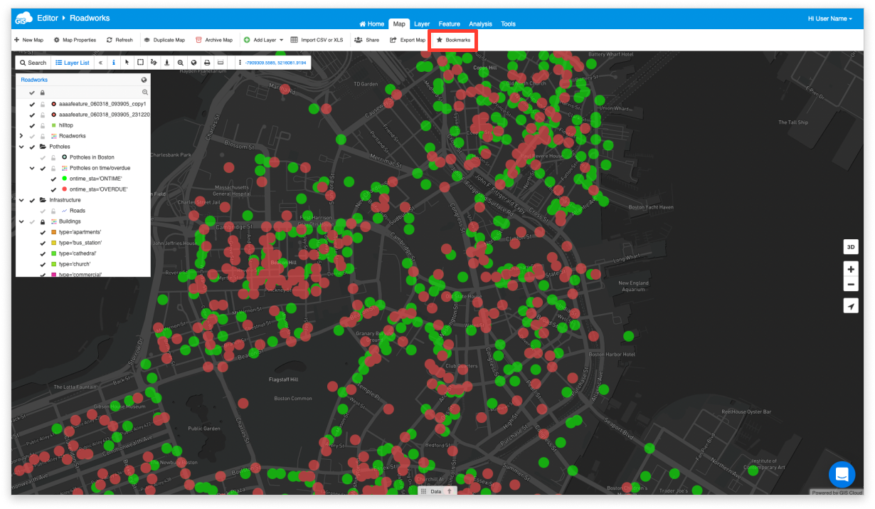 Bookmarks in Map Editor – GIS Cloud Learning Center